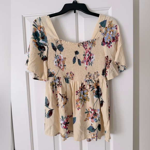 ODDY | Tops | Medium Oddi Cream Smocked Peplum Floral Blouse | Poshmark